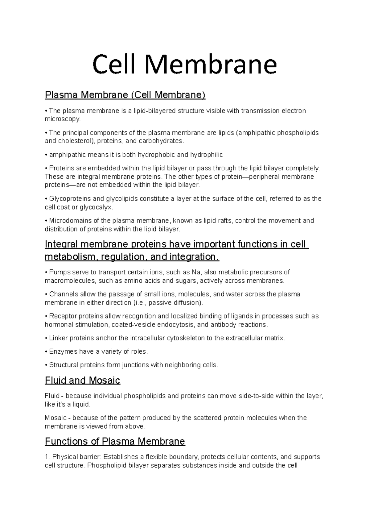 Cell Membrane Notes for BIO101: Structure and Function Overview - Studocu