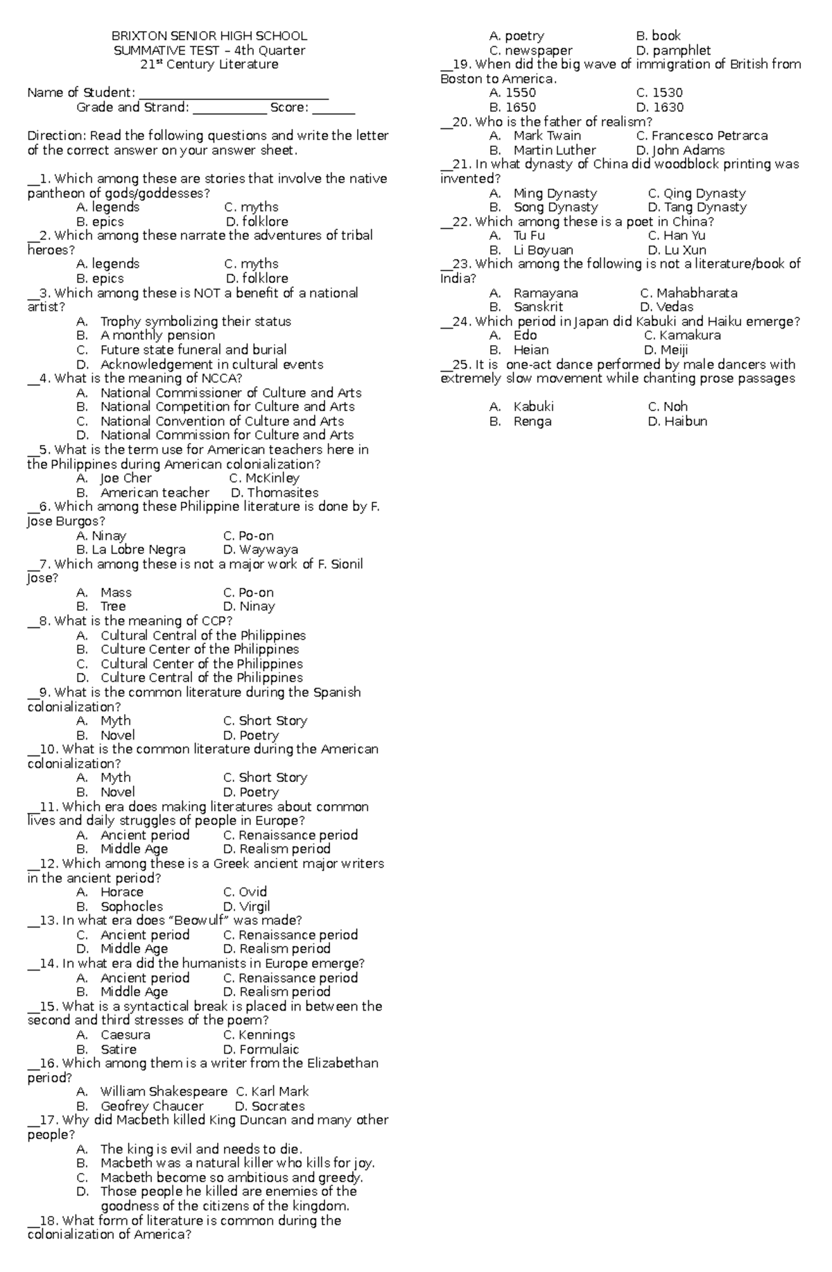 21st Century Literature Summative Test: 4th Quarter Exam - Studocu