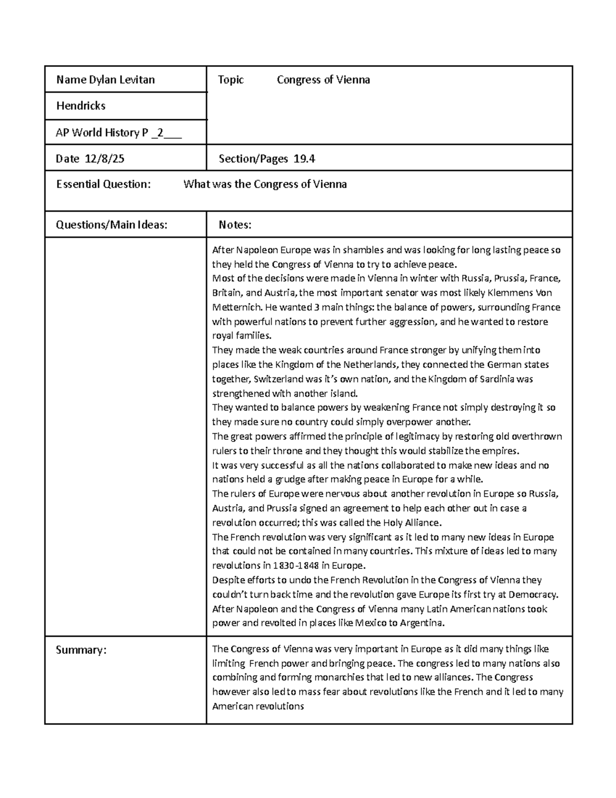 AP World History: Congress of Vienna Notes by Dylan Levitan - Studocu