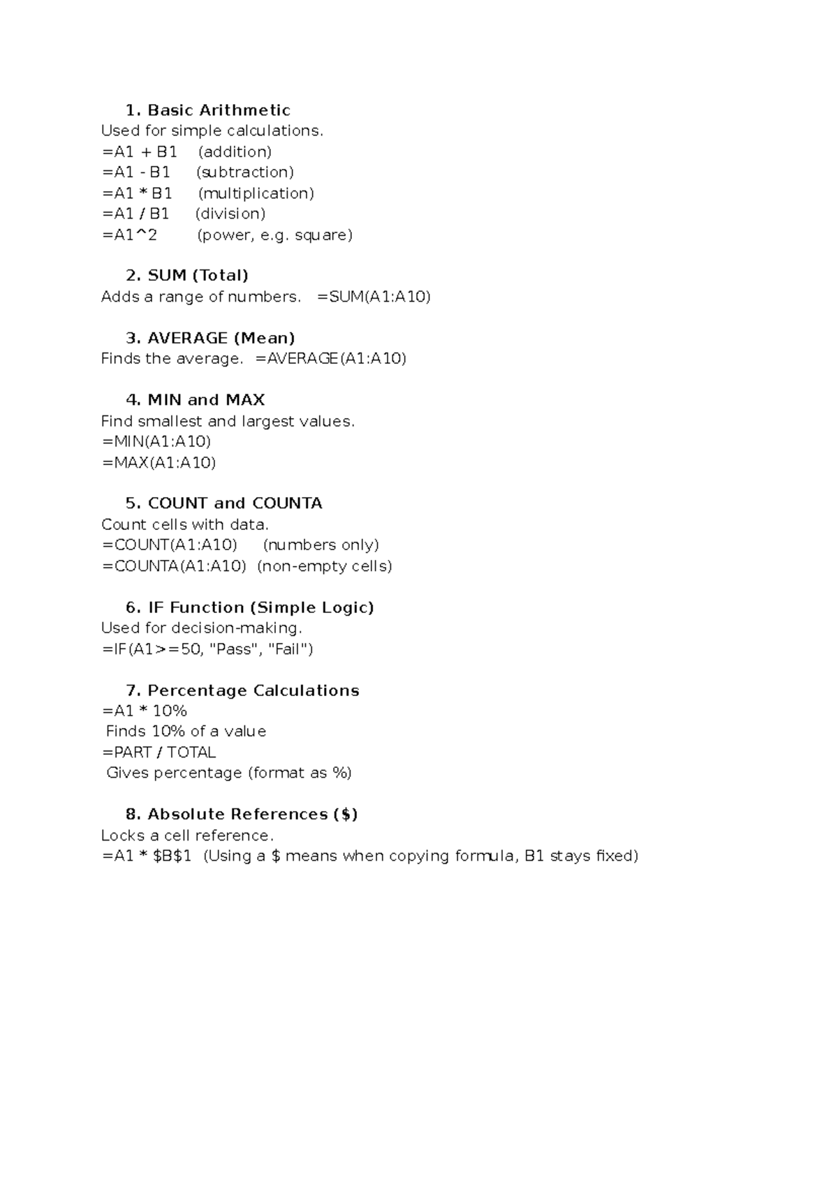 Spreadsheet Formulas & Basic Arithmetic Concepts B1 - Studocu