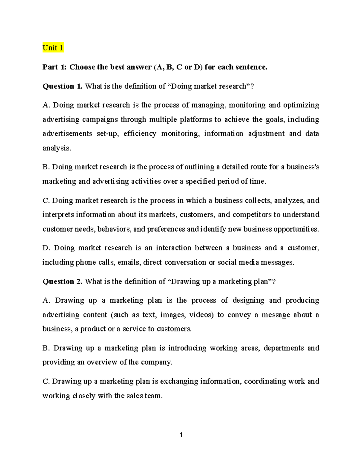 Unit 1 Part 1: Multiple Choice Questions on Marketing Concepts (AV ...
