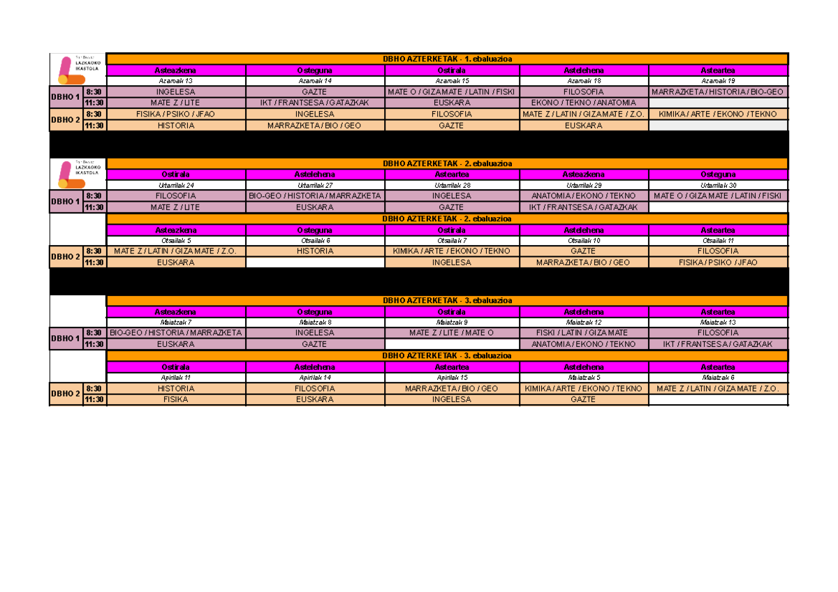 Azterketa Astea DBHO 24-25 - DBHO AZTERKETAK - 1. ebaluazioa Asteazkena Osteguna Ostirala ...