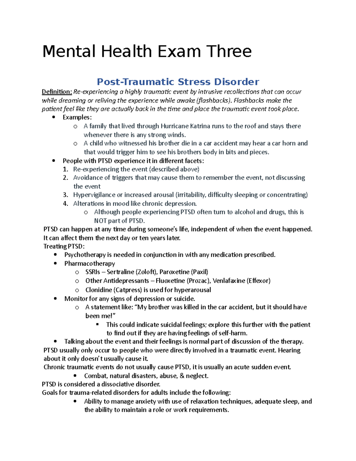 MH 3 Exam Notes - Key Concepts on PTSD, ASD, and Neurodevelopmental ...