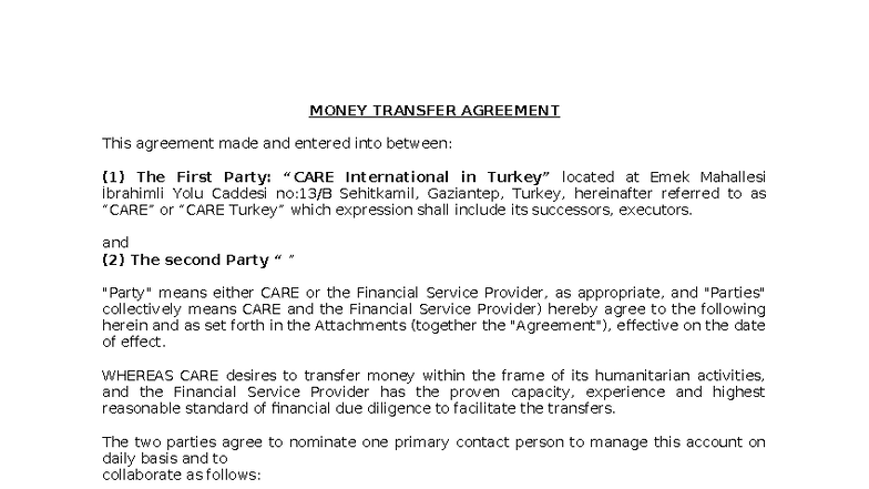 MONEY TRANSFER AGREEMENT: CARE & Financial Service Provider - Studocu