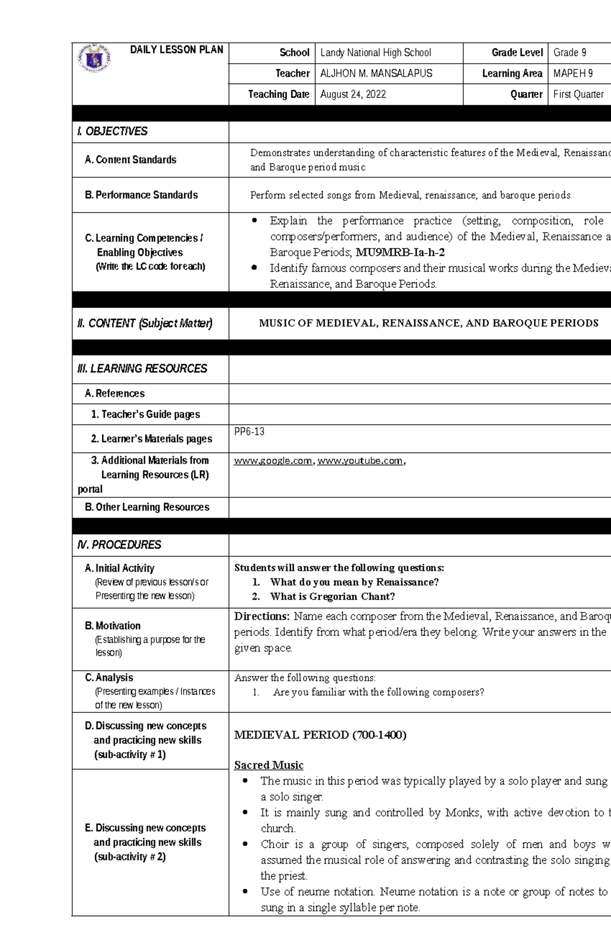 DLL MAPEH 9 Lesson Plan: Music of Medieval, Renaissance, and Baroque ...