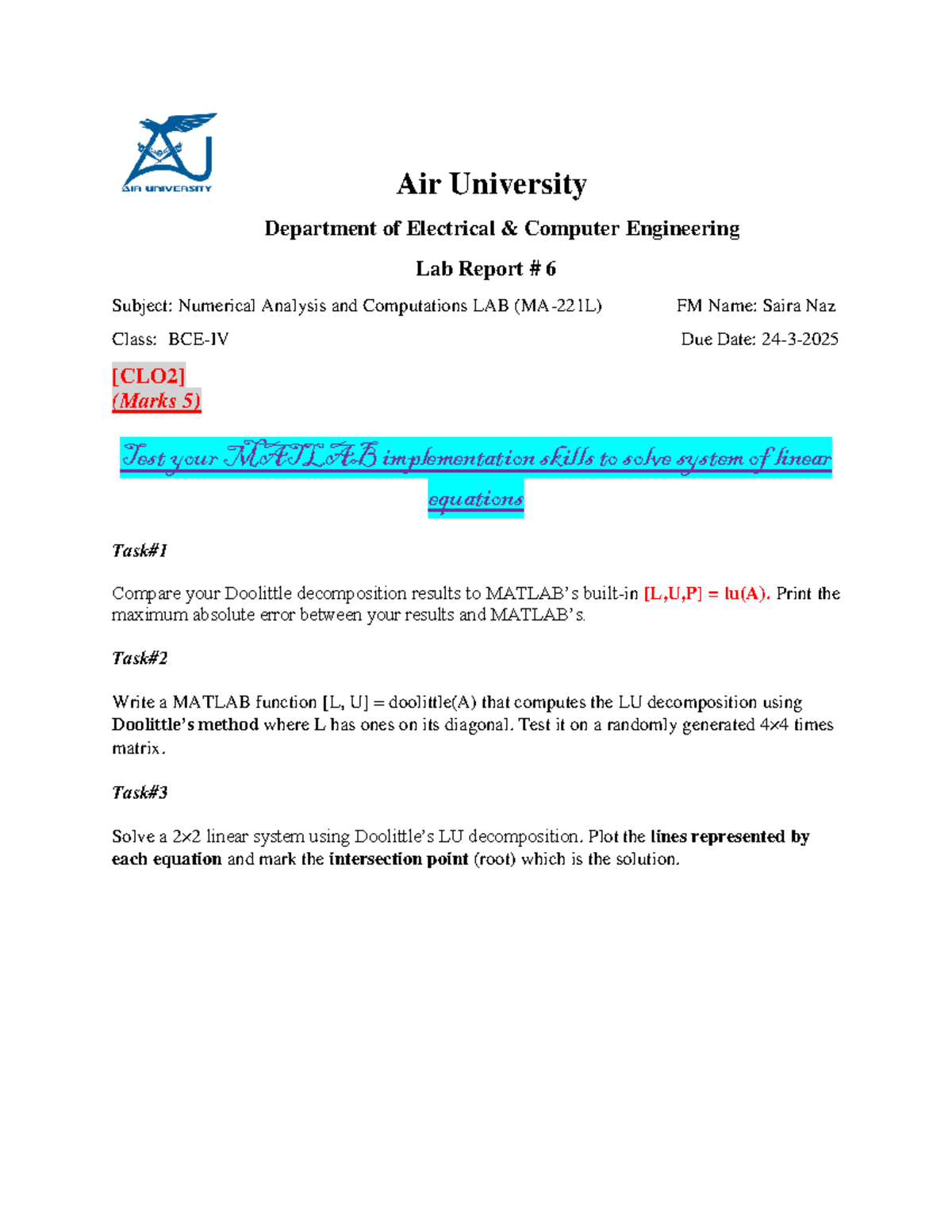 Lab Report 6: Numerical Analysis & Computations (Lab FM) - Studocu