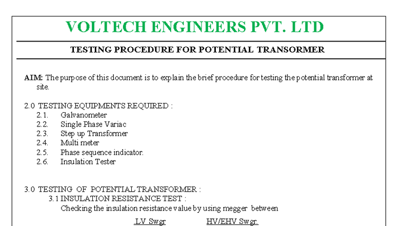 VOLTECH ENGINEERS PVT. LTD Testing Procedure for Potential Transformer ...