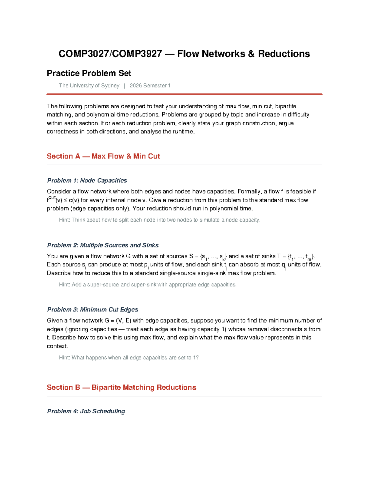 Flow Networks Reductions Practice Problem Set (COMP2026) - Studocu