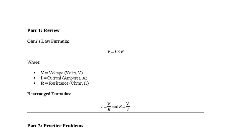 Ohm's Law Practice Problems Worksheet: V, I, R Calculations - Studocu