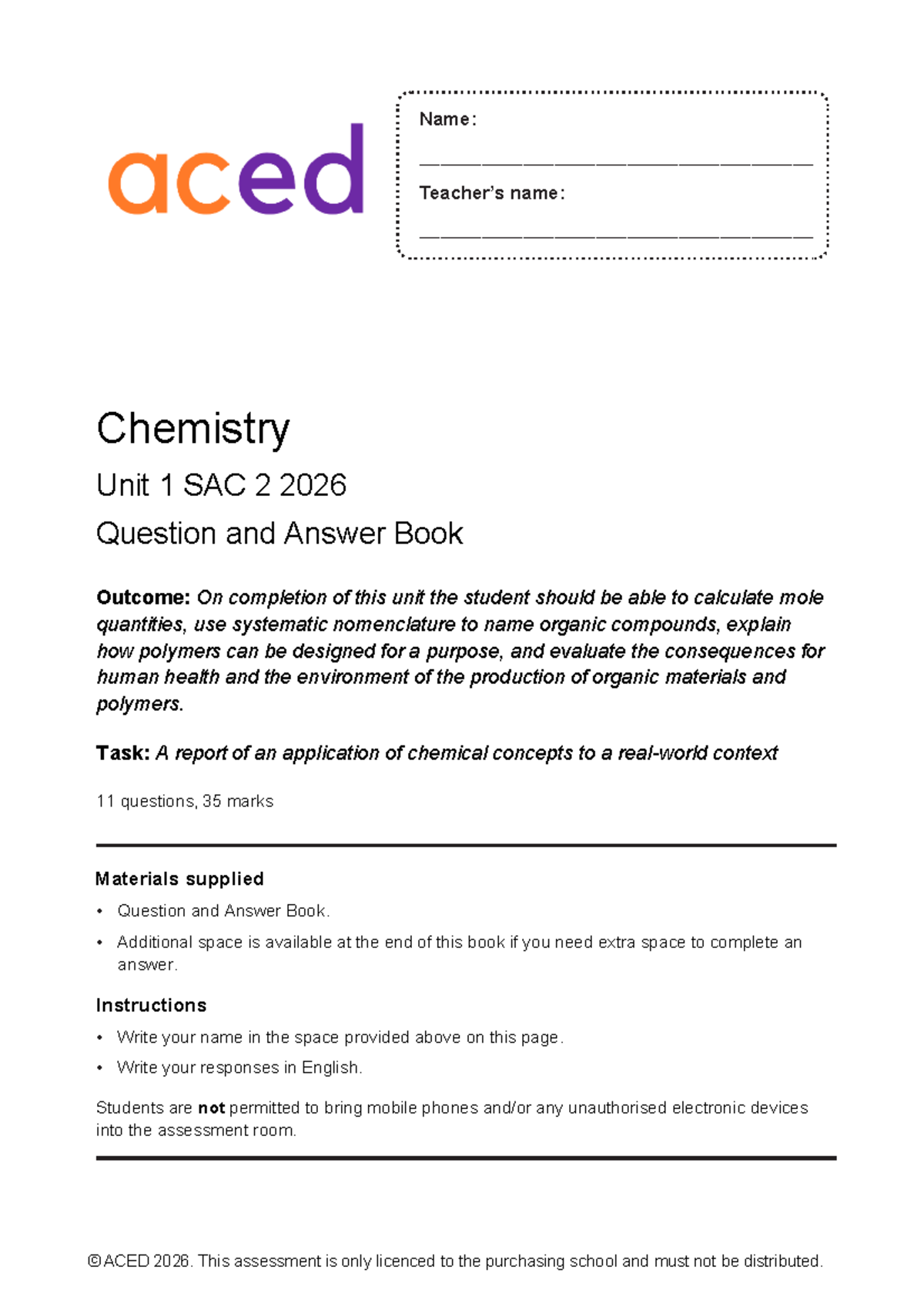 AOS 2 Practice SAC #2 CHEM: Mole Calculations & Polymer Applications ...