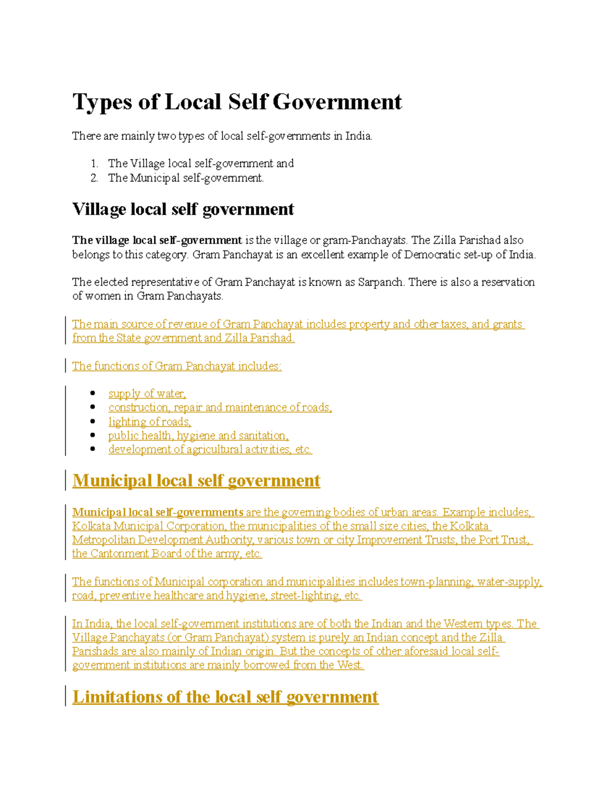 Types of Local Self Government in India: A Comprehensive Overview - Studocu