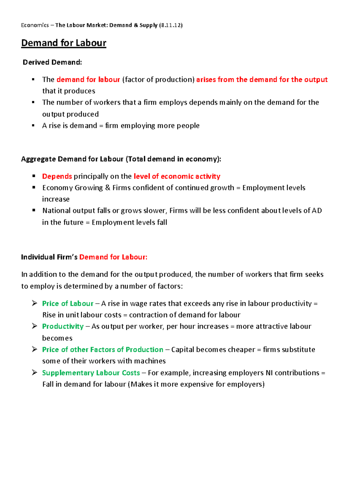 Economics - The Labour Market Demand Supply - Economics – The Labour ...