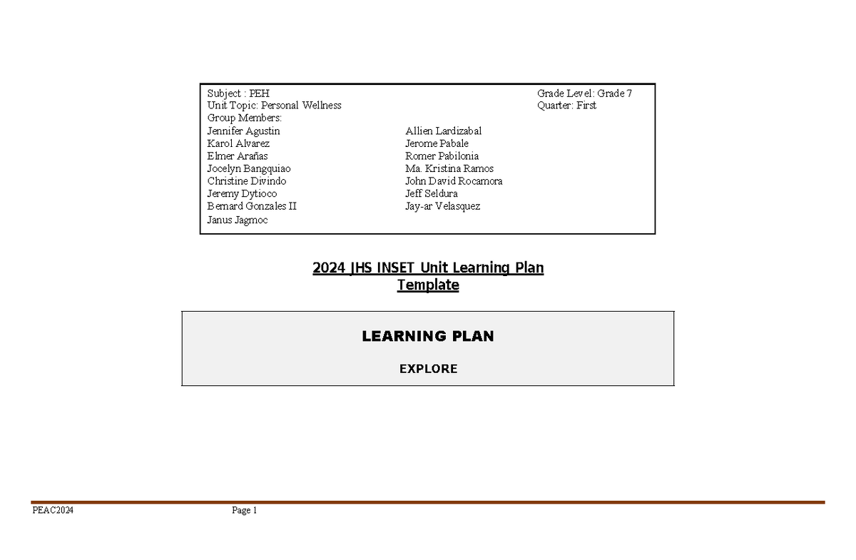 PEH 7: Personal Wellness and Mental Health Unit Learning Plan - Studocu