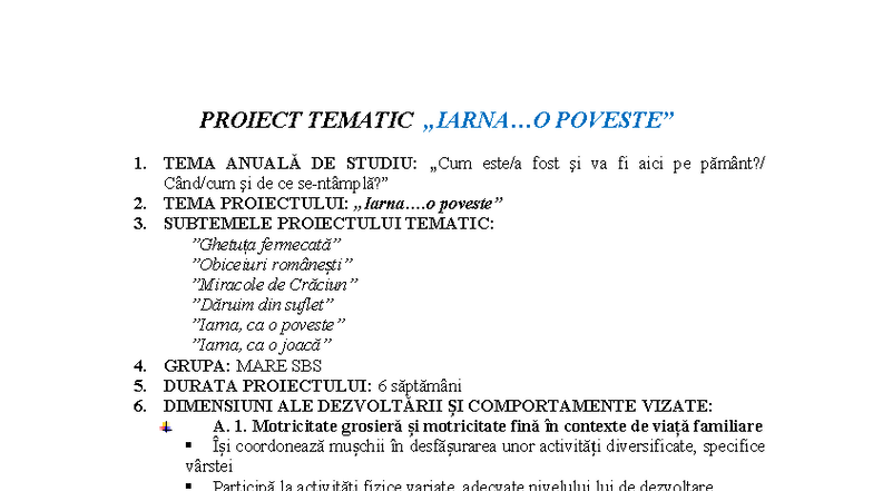 Proiect Tematic 1: Iarna - Activități și Comportamente pentru Grupa Mare SBS - Studocu
