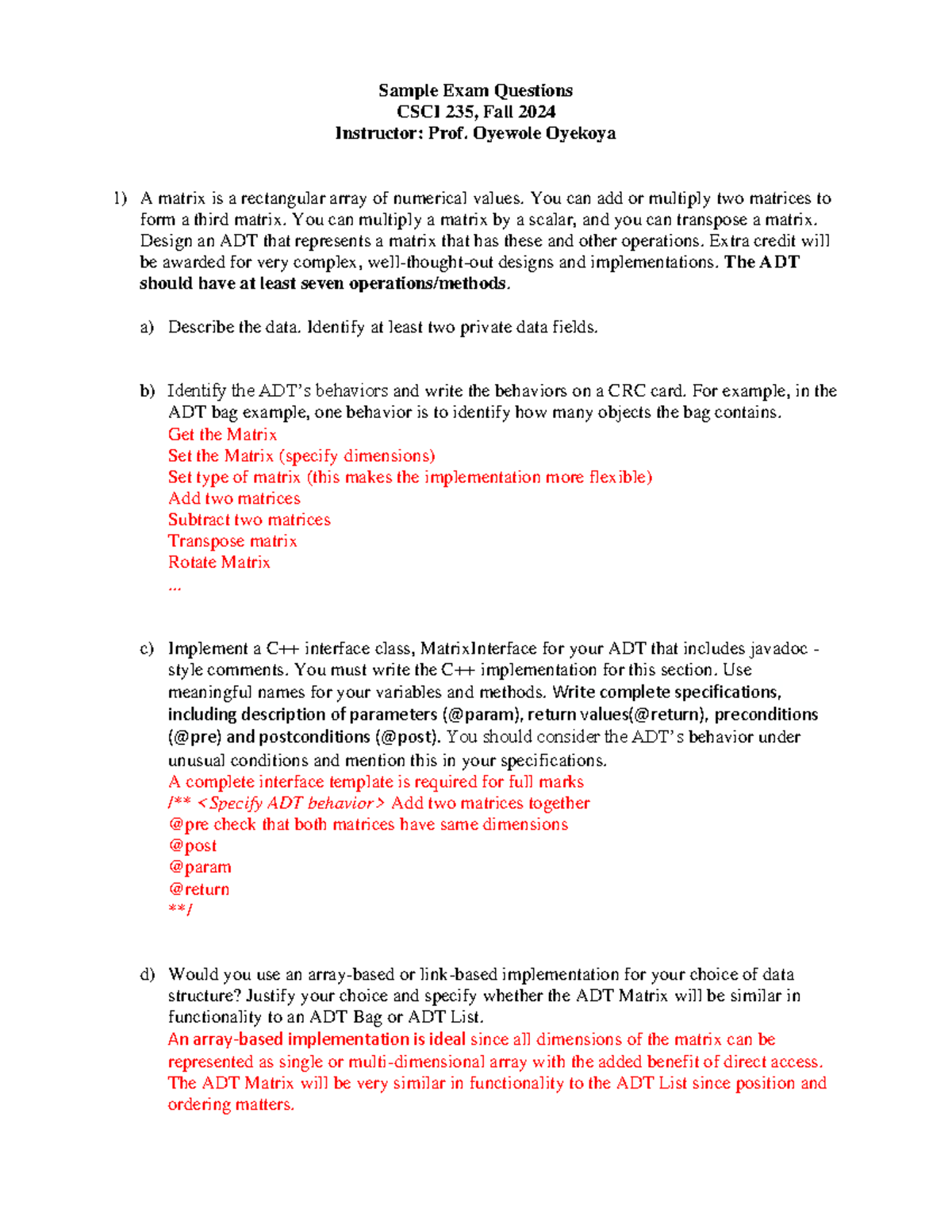CSCI235 Practice Exam Questions - Matrix ADT & Recursion Concepts - Fall 2024 - Studocu