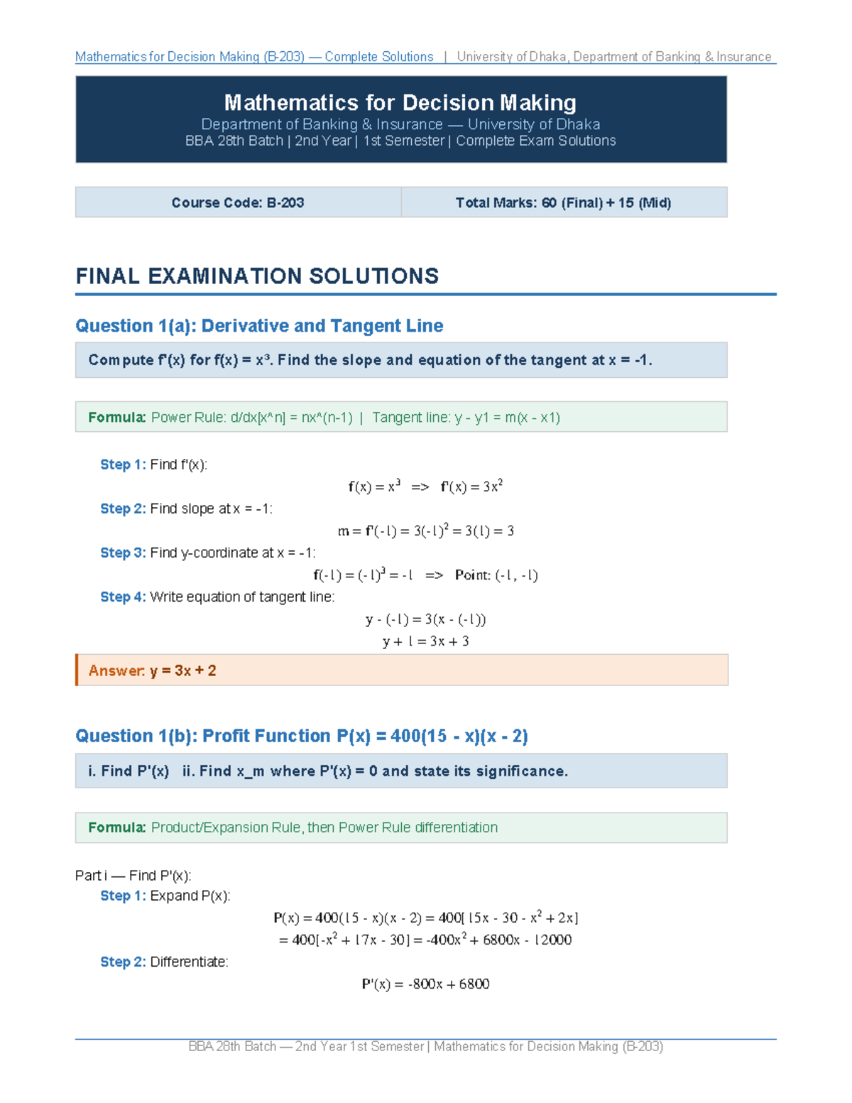 Mathematics for Decision Making BBA 28th Batch Final Exam Solutions ...