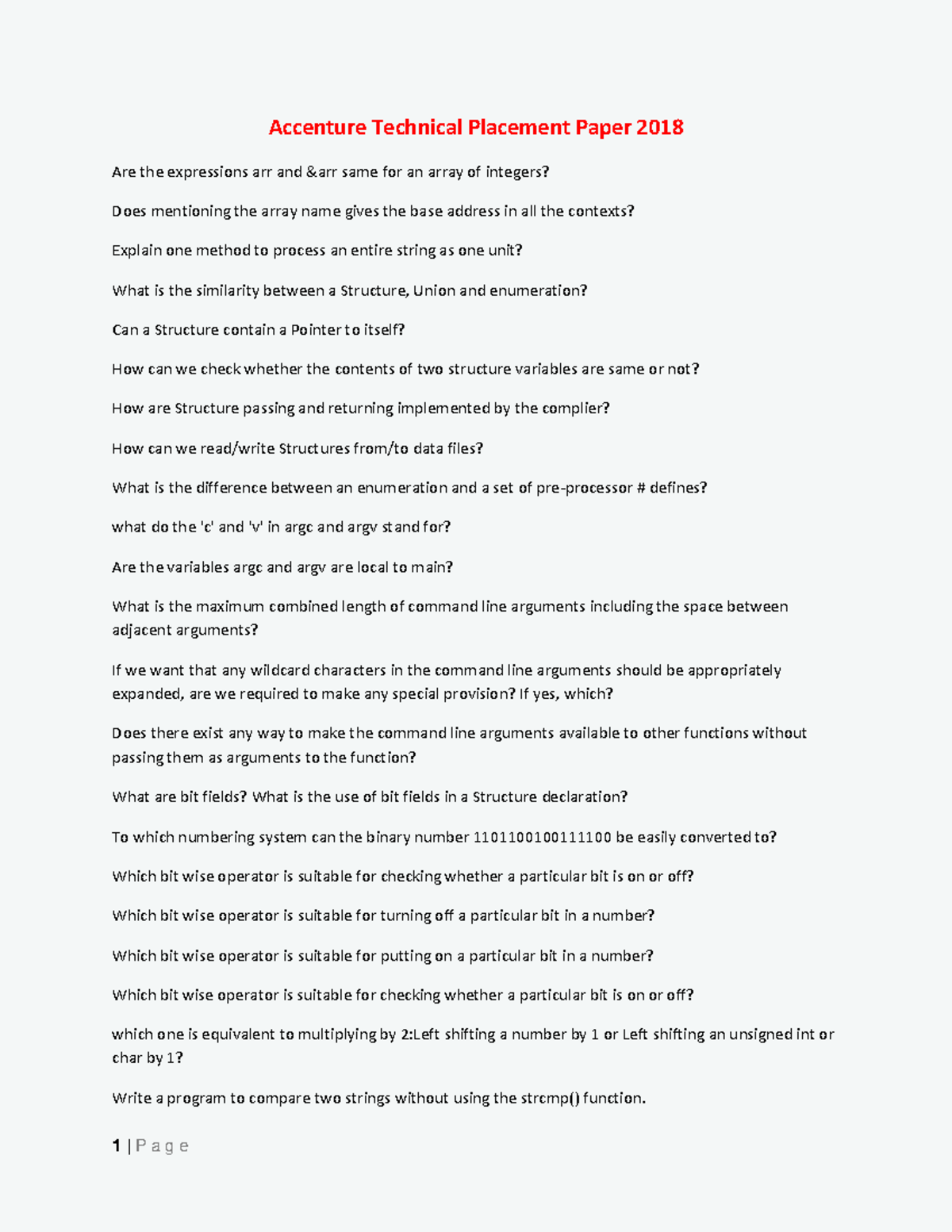 Accenture Technical Round Placement Paper 2018: Key Concepts ...