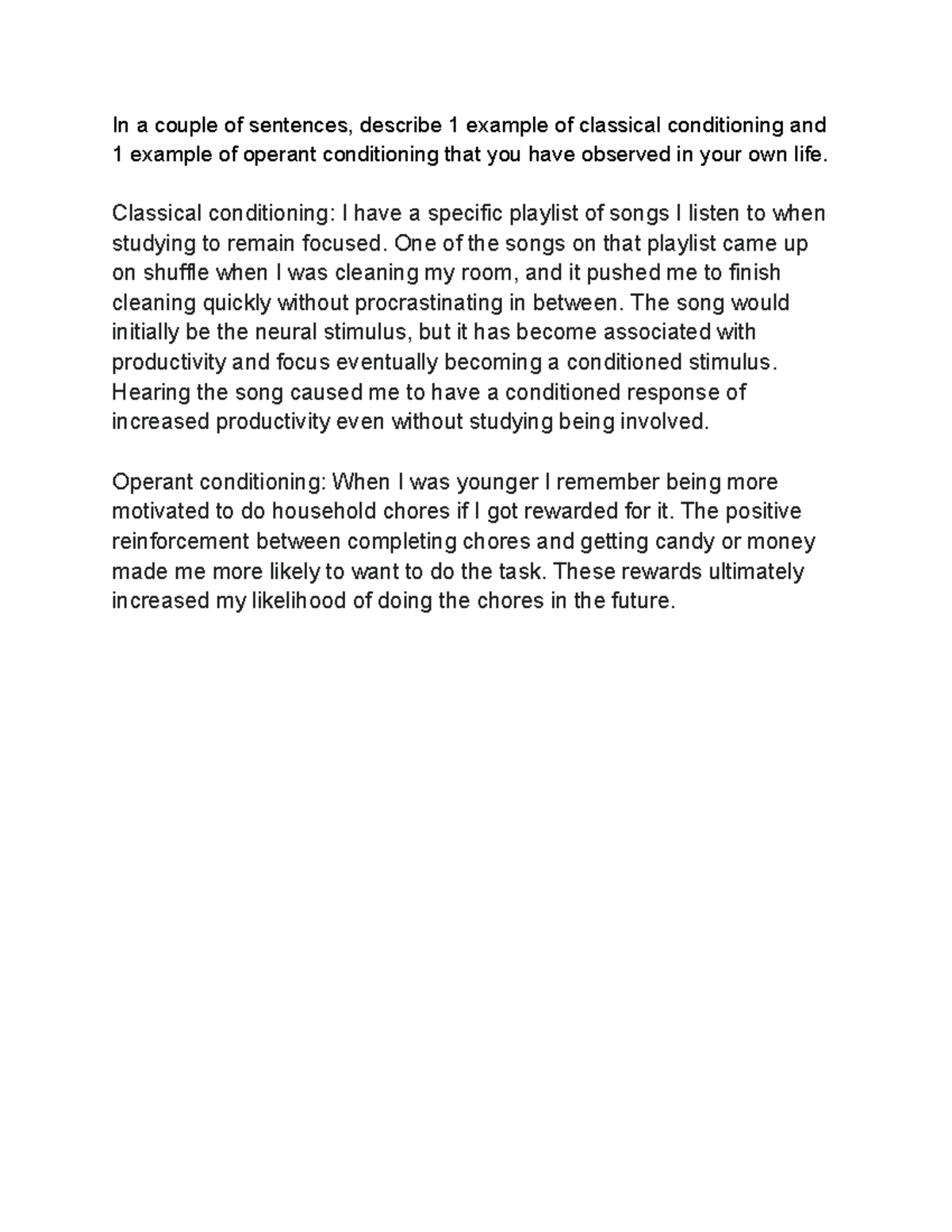 Psych 101 Pre Lab Week 10: Classical & Operant Conditioning Examples ...