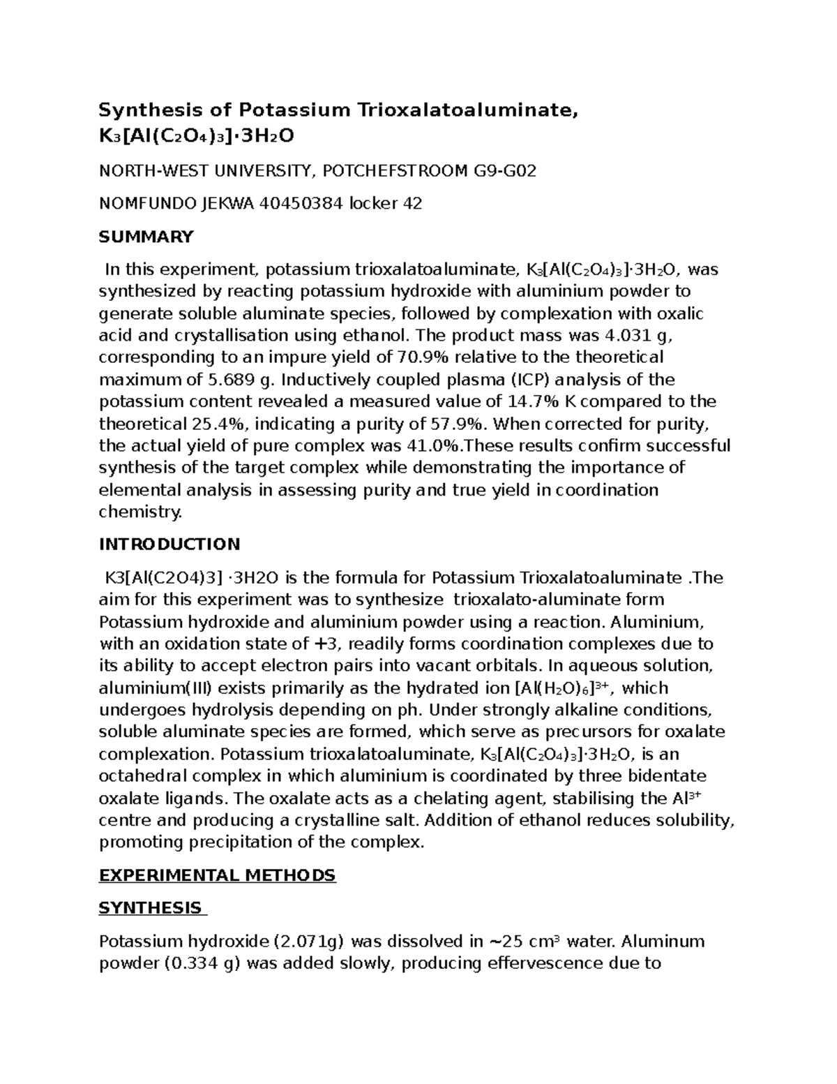 Synthesis of Potassium Trioxalatoaluminate: Experiment Summary ...