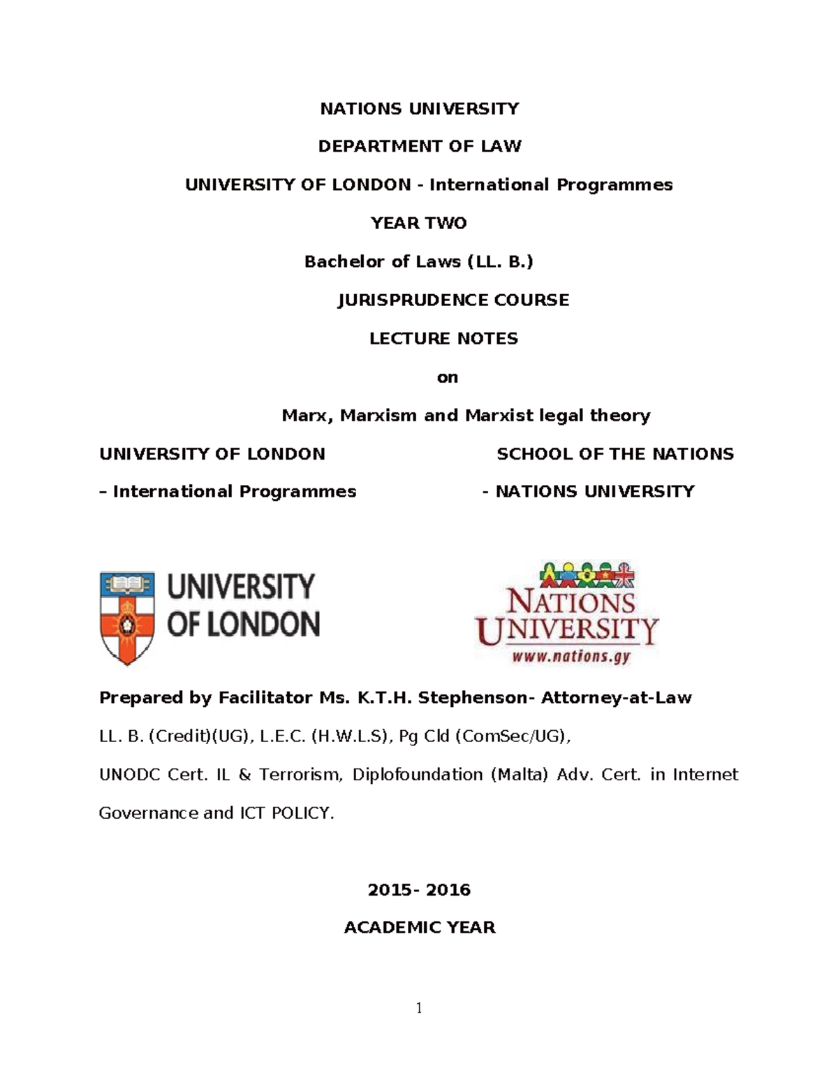 YEAR TWO Bachelor of Laws LL B Jurisprud - NATIONS UNIVERSITY ...
