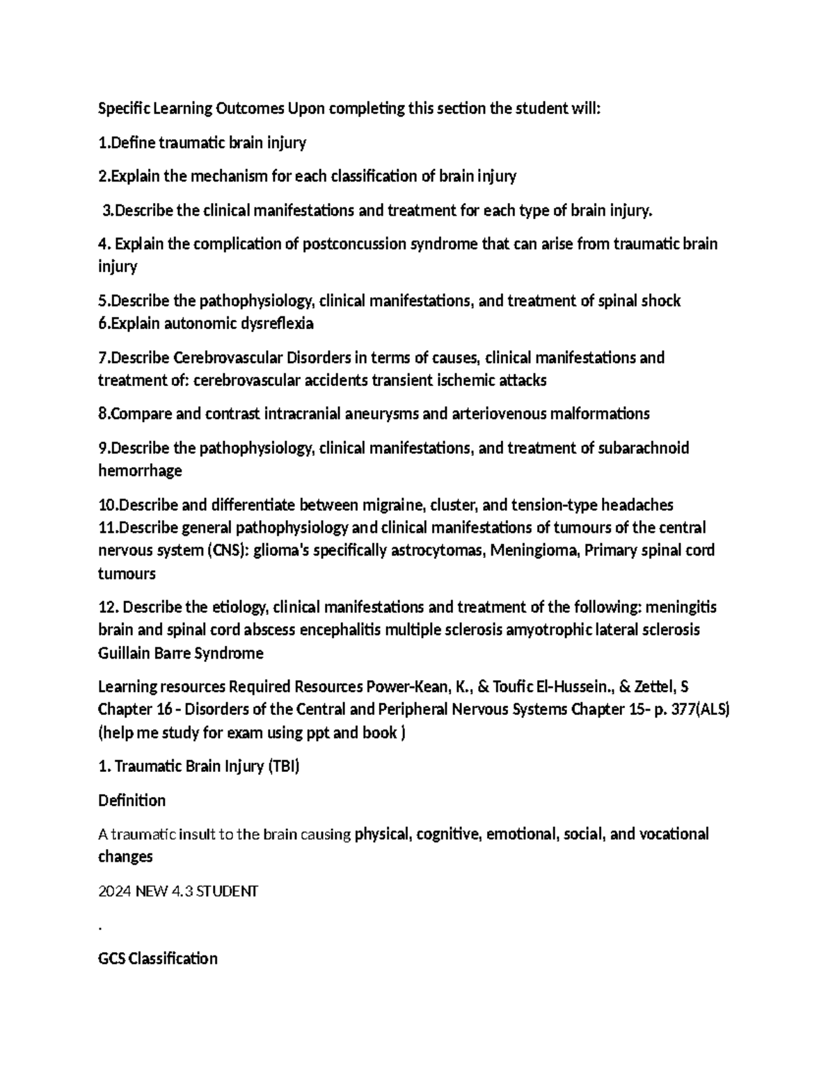 4.3 SLOs: Traumatic Brain Injury & CNS Disorders Study Notes - Studocu