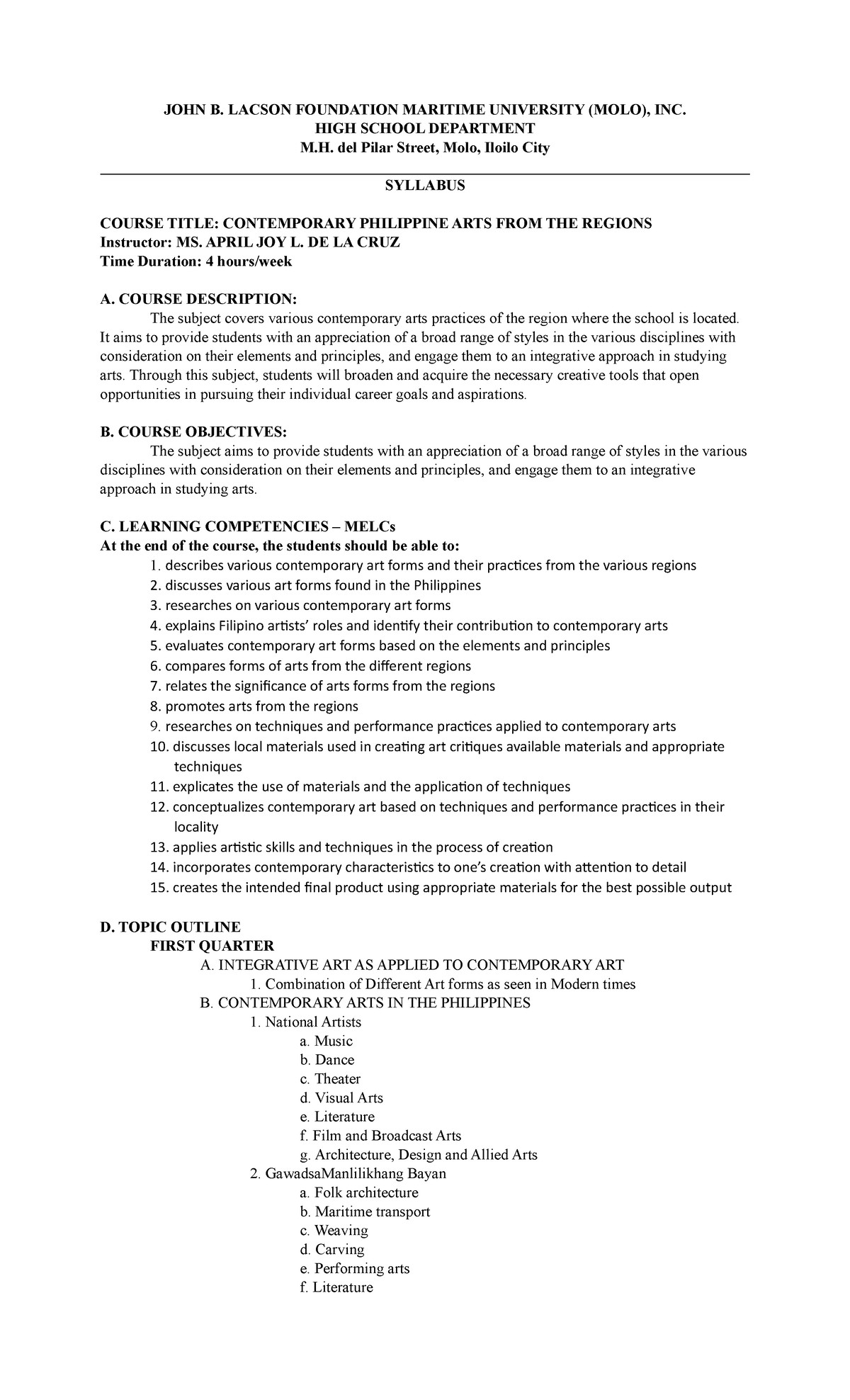 Syllabus CPAR- Contemporary Philippine Arts from the Regions - Studocu