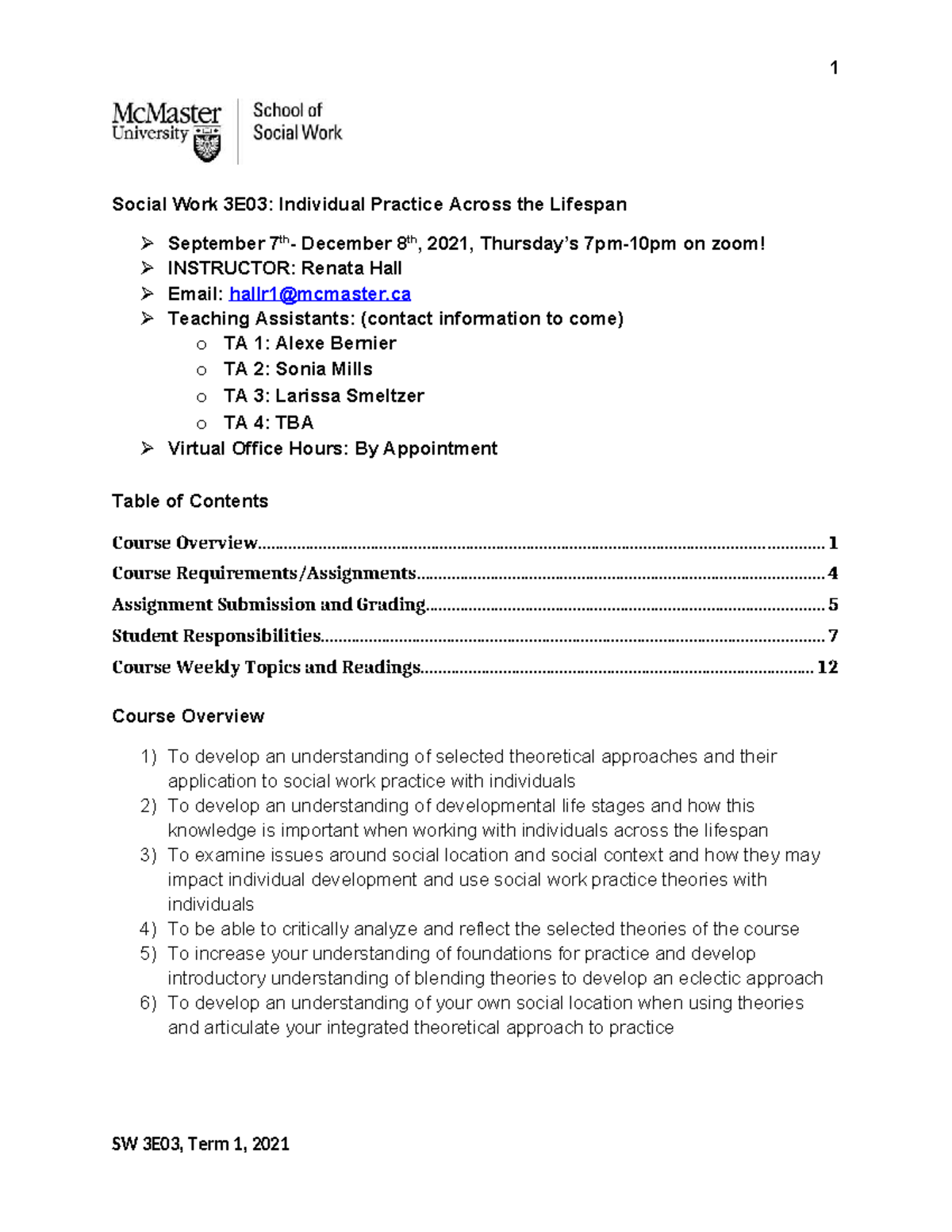 SW 3E03: Individual Practice Across the Lifespan - Course Overview ...