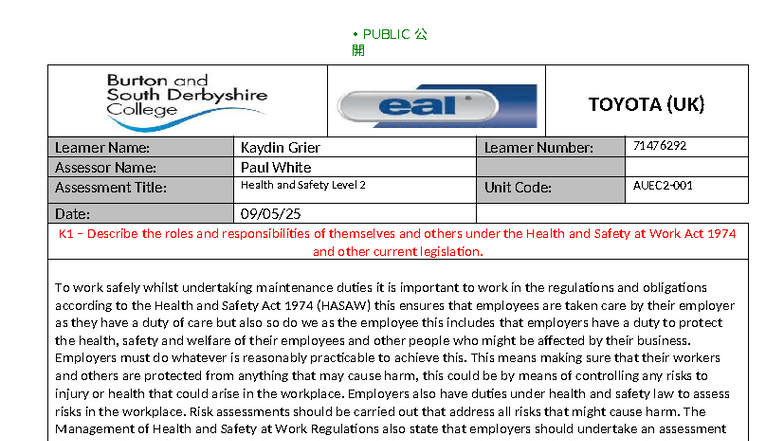 K1 Health and Safety Responsibilities: Understanding Legislation and ...