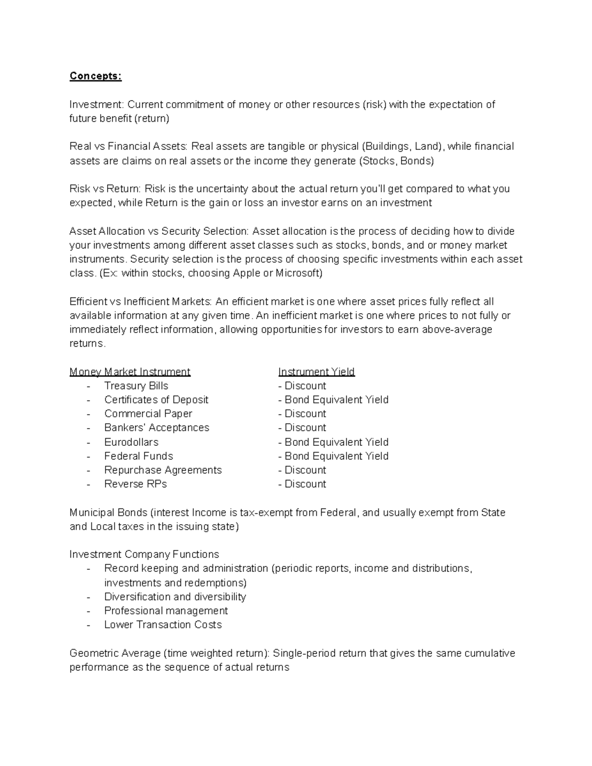 FIN 332 Midterm Study Guide: Key Investment Concepts & Formulas - Studocu