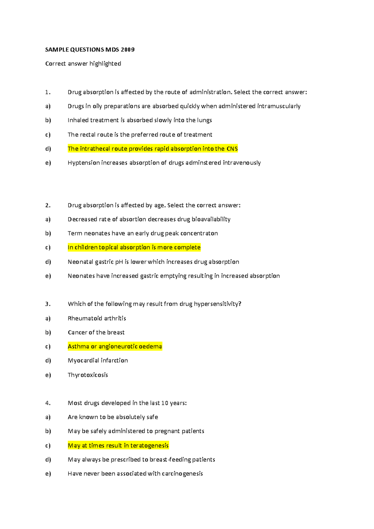 MDS 2009 Sample Questions for Drug Absorption and Pharmacogenetics ...