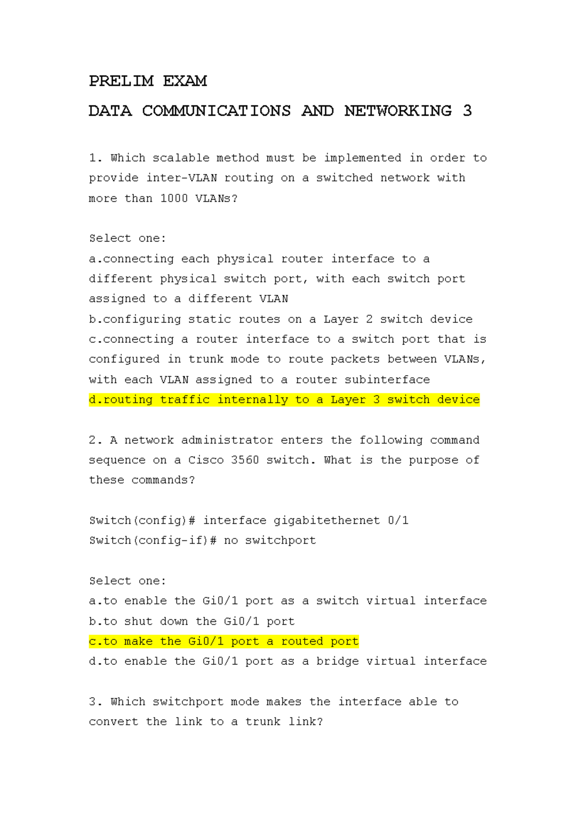 Prelim Exam: Data Communications and Networking 3 Review Guide - Studocu
