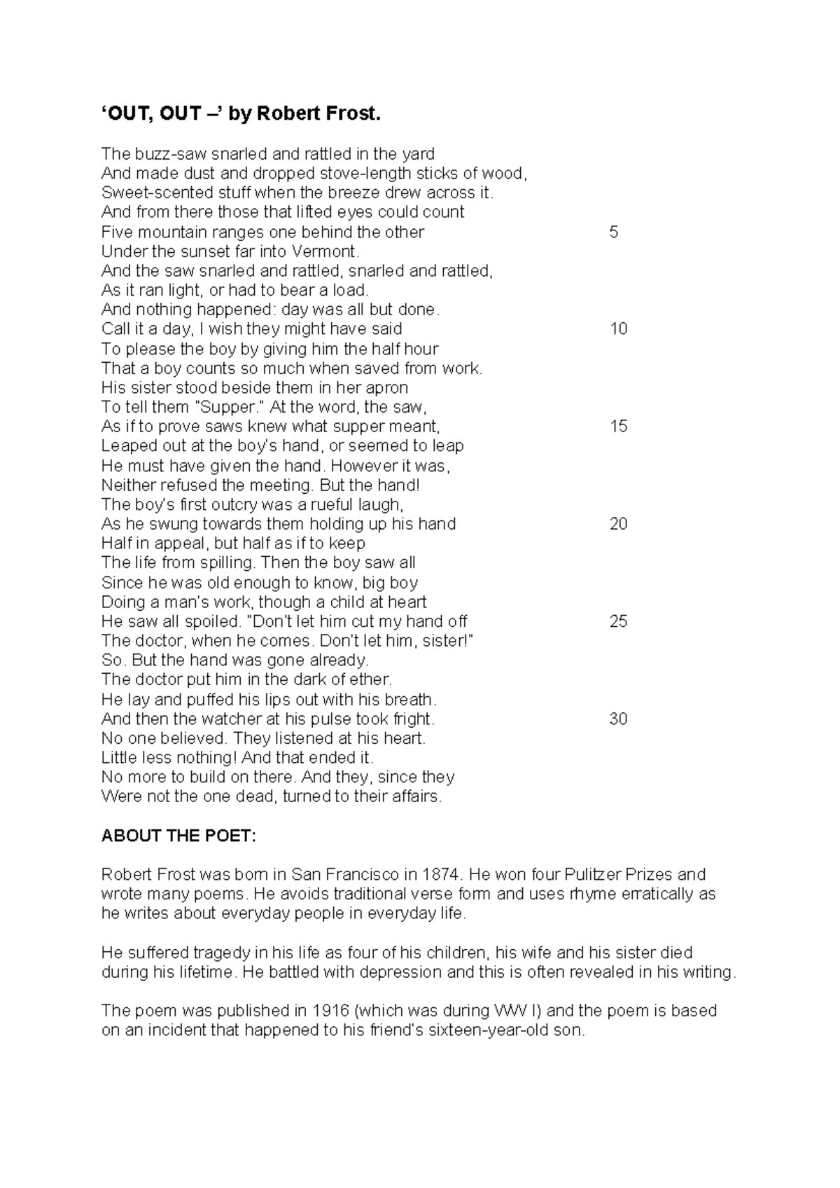 'OUT, OUT –': Poem Analysis and Discussion Questions - Studocu