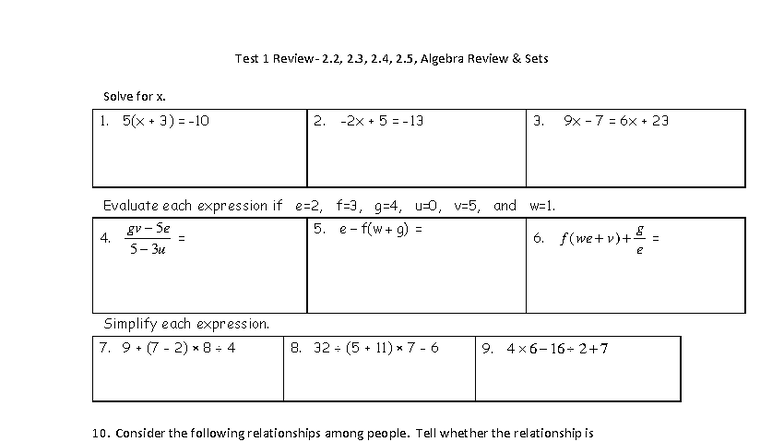 Test Review 1 & 2: Algebra Concepts and Problem Solving - Studocu