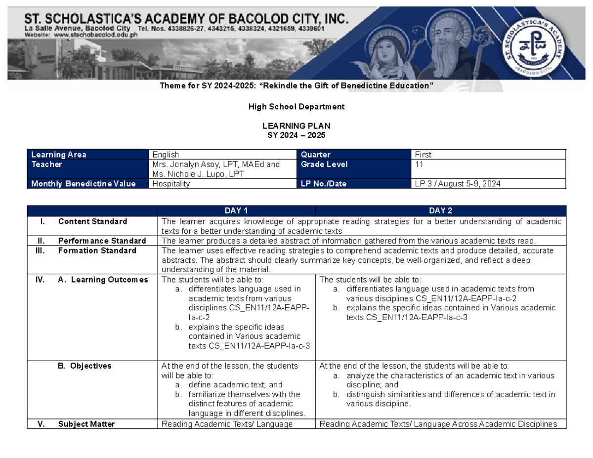 LP 3 EAPP 11 (AUG 5- 9) - Learning Plan - High School Department ...