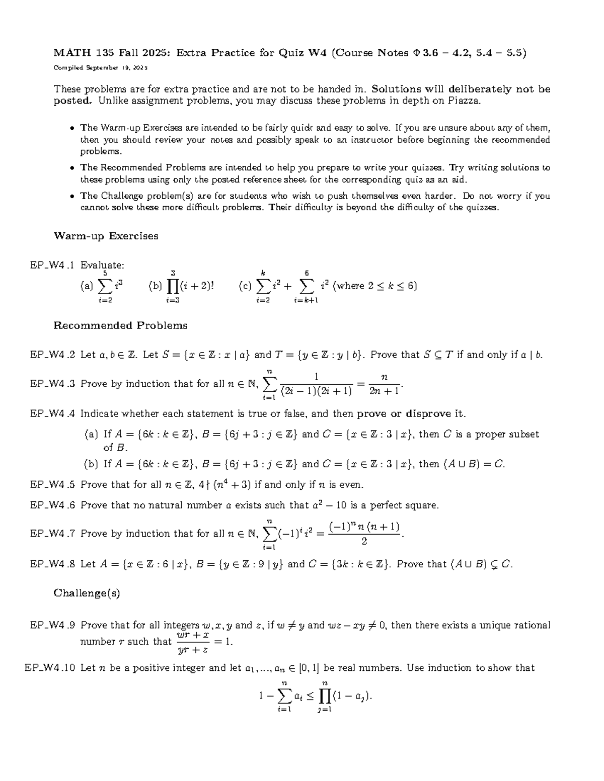 MATH 135 Fall 2025: Sample Problems for Quiz W4 Practice - Studocu