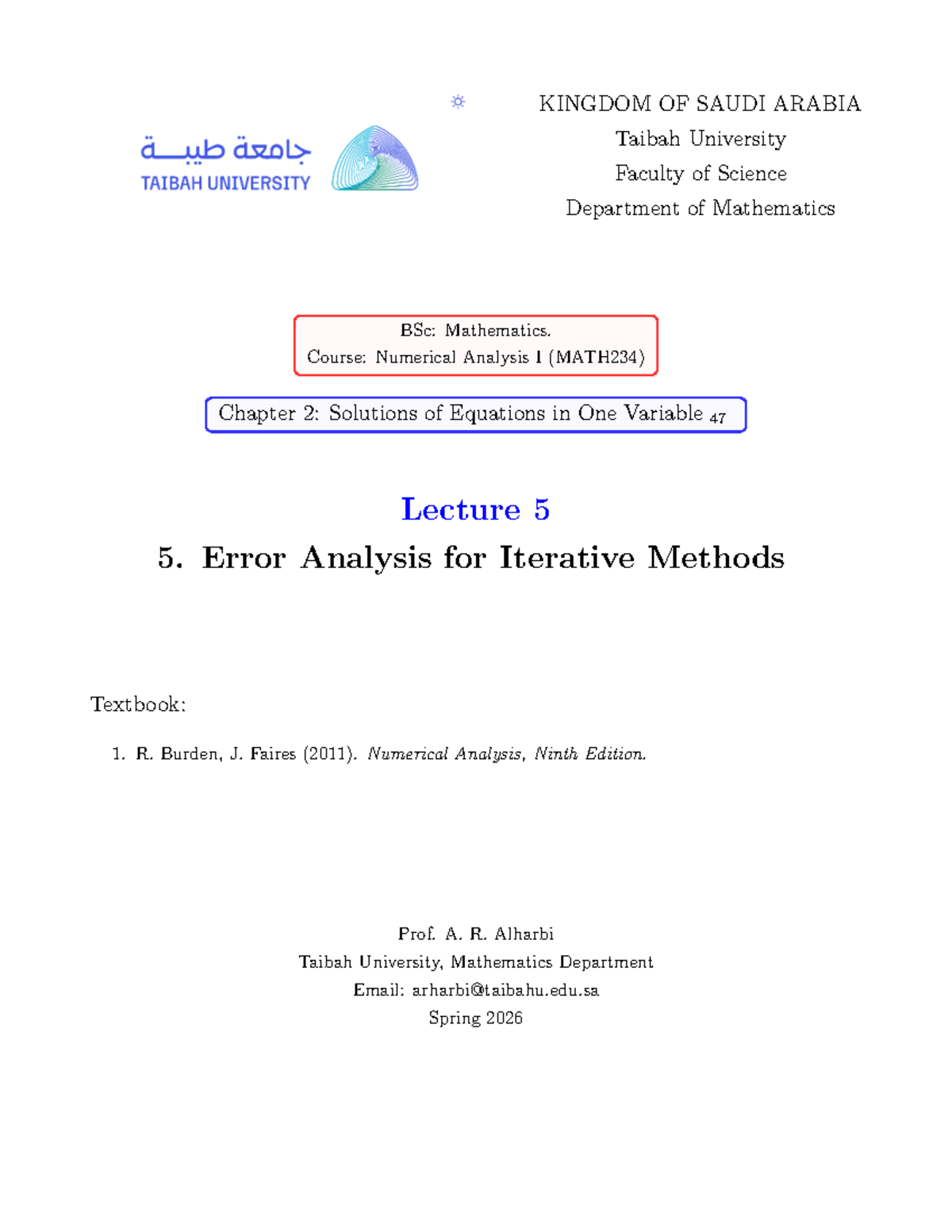 MATH234 Lecture 5: Error Analysis for Iterative Methods - Studocu