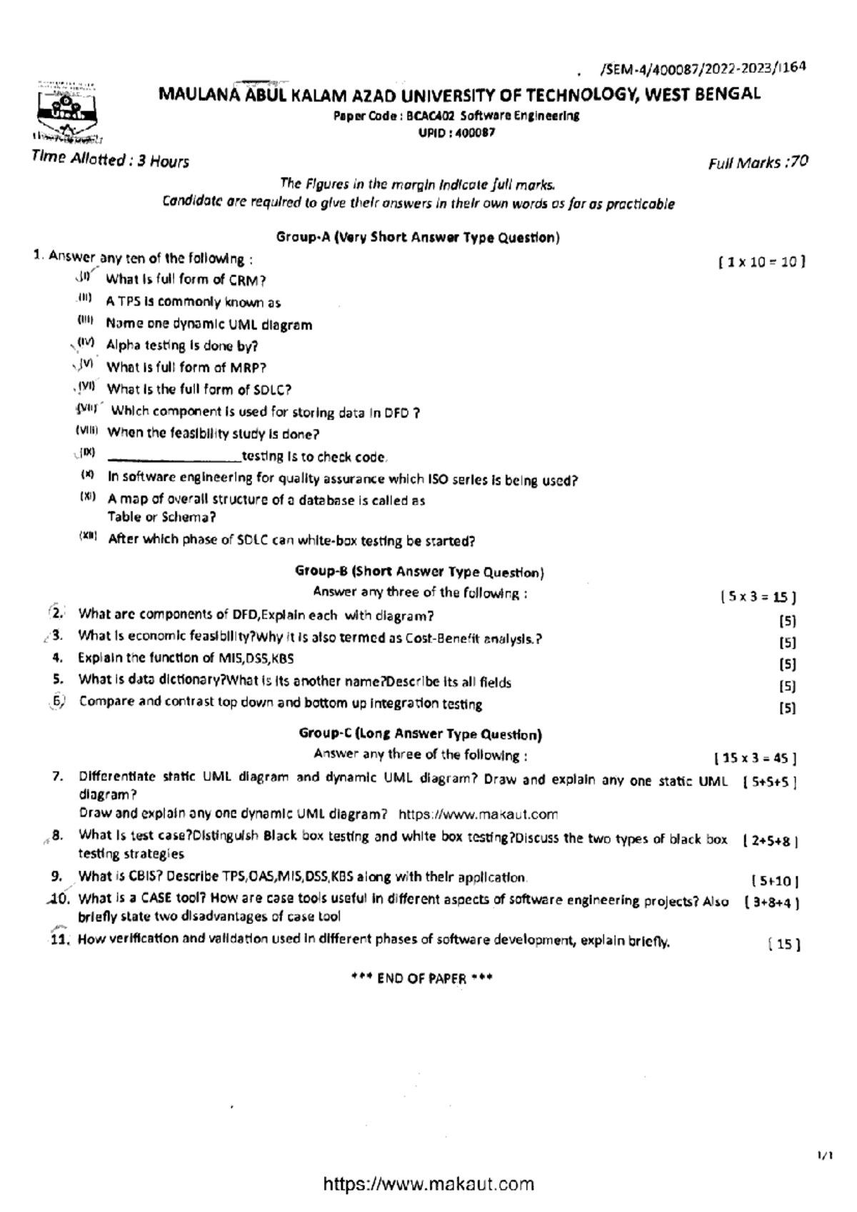 BCA 4th Sem Software Engineering BCAC402 Exam Paper 2023 - Studocu