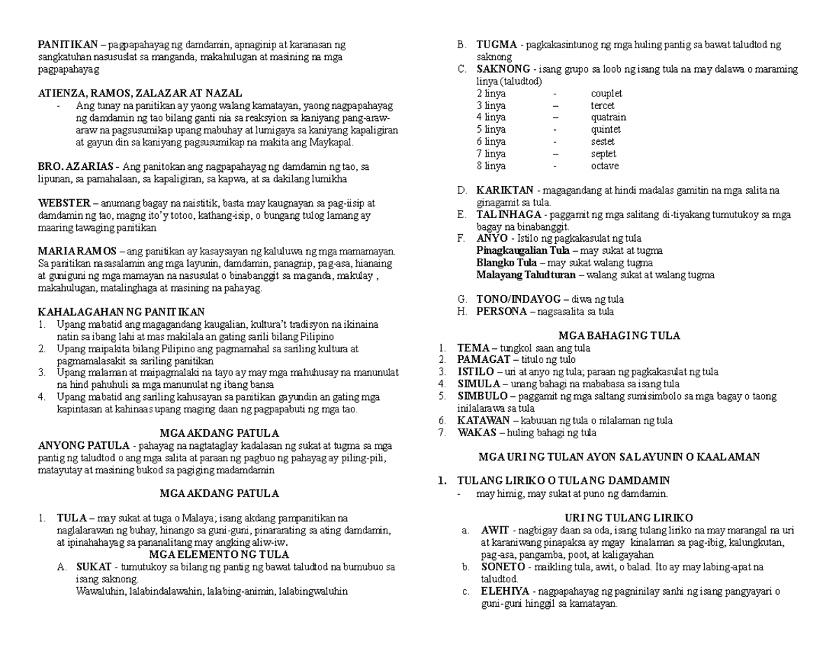 Panitikan 101: Comprehensive Filipino Literature Reviewer - Studocu