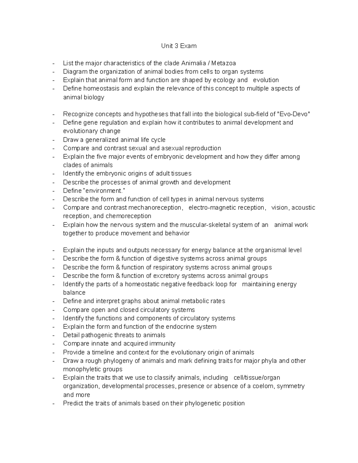 Bio 11 - Unit 3 Final Exam Review: Animal Form, Function, and Evolution ...