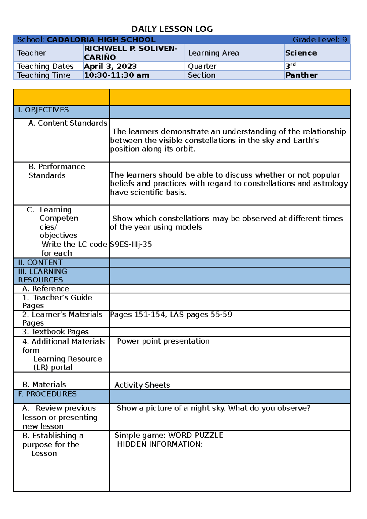 Constellation Lesson Plan - DAILY LESSON LOG School: CADALORIA HIGH ...