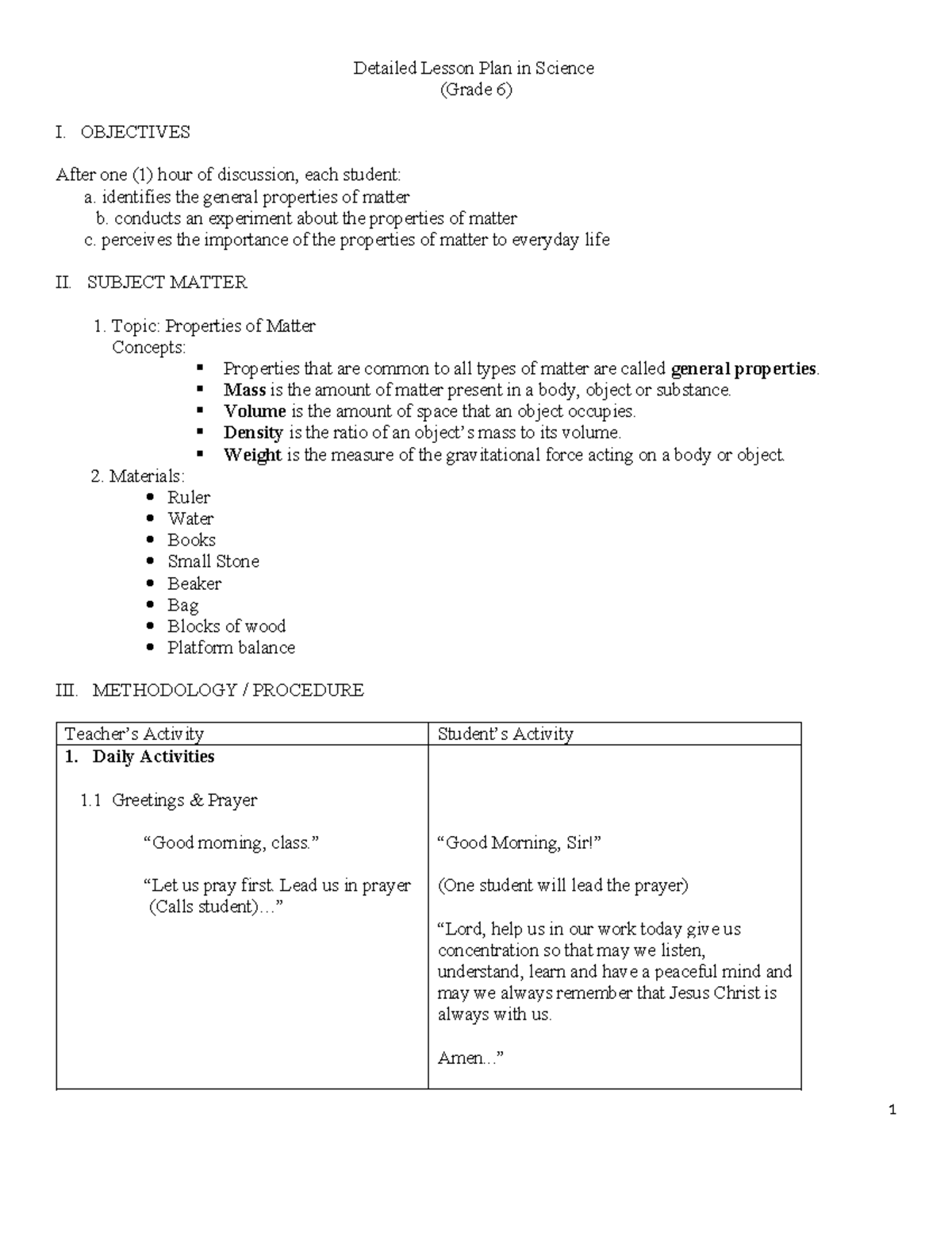 Detailed Lesson Plan on Properties of Matter (Grade 6) - Studocu