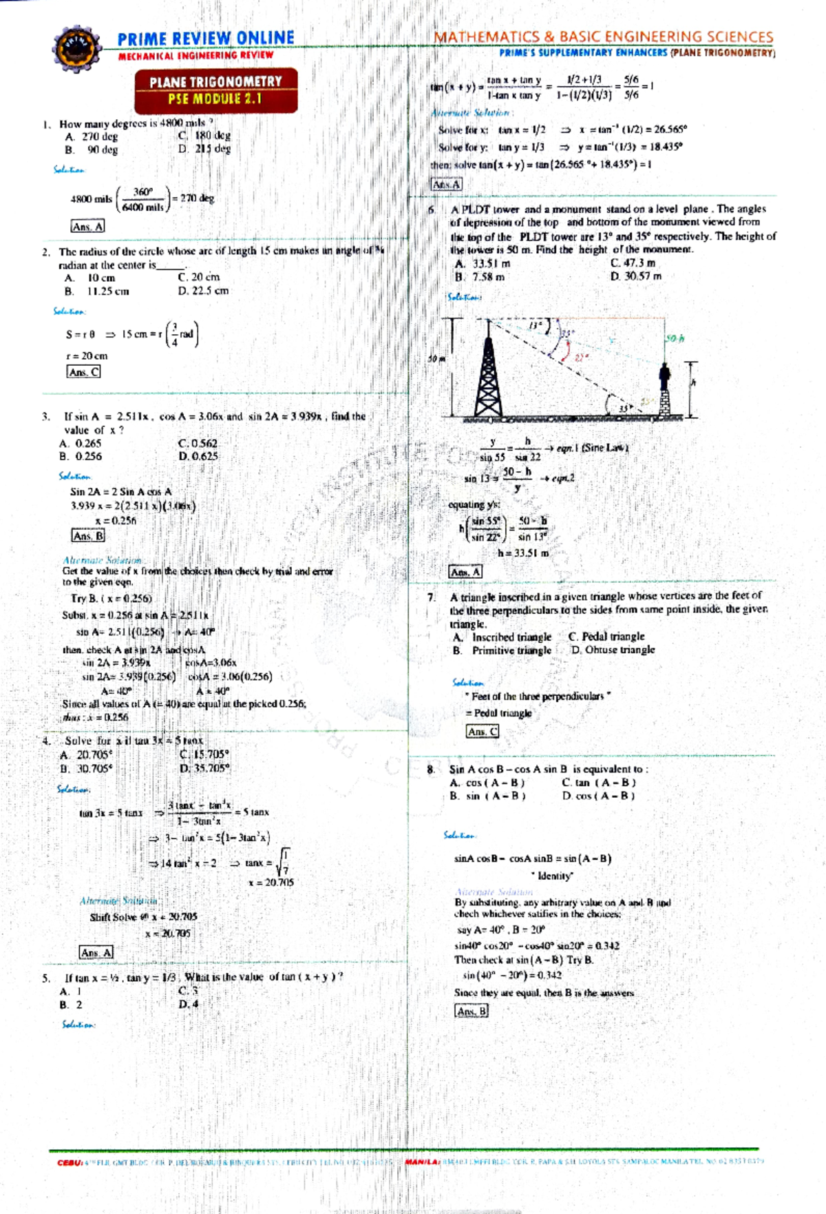 Module 2.1 - Plane Trigonometry | Engineering Math Review Notes - Studocu