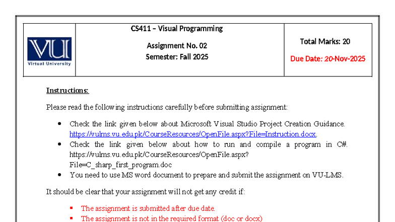 CS411 Visual Programming Assignment 02 - Fall 2025 Guidelines - Studocu