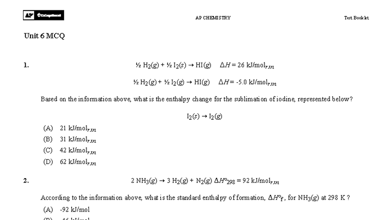 AP CHEMISTRY Unit 6 MCQ Test Booklet - Studocu