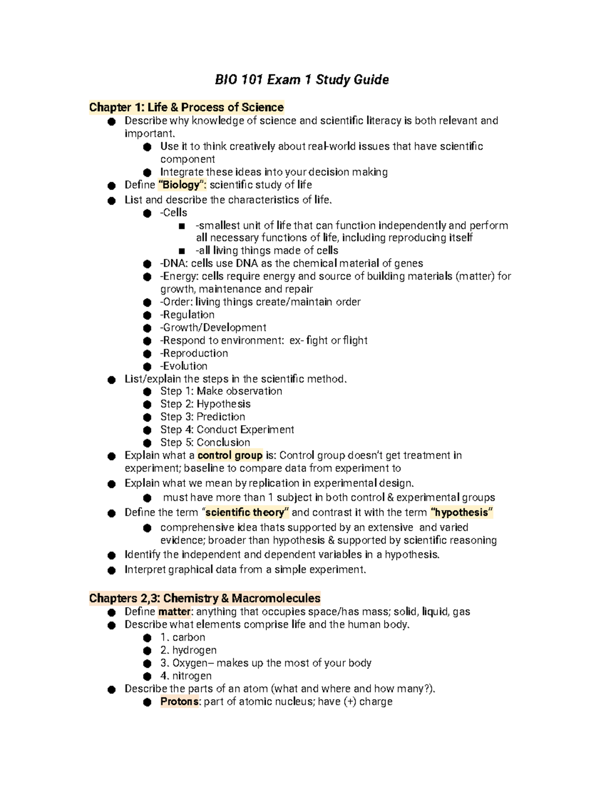 BIO 101 Exam 1 Comprehensive Study Guide: Key Concepts in Biology - Studocu