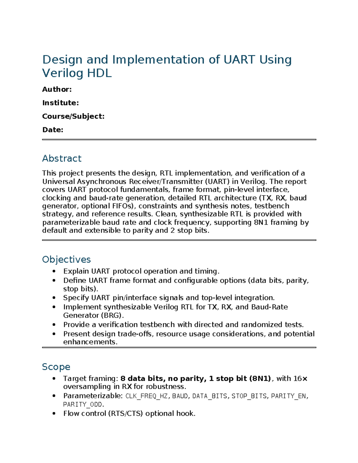 UART Design & Implementation Project Report (Verilog HDL) - Studocu
