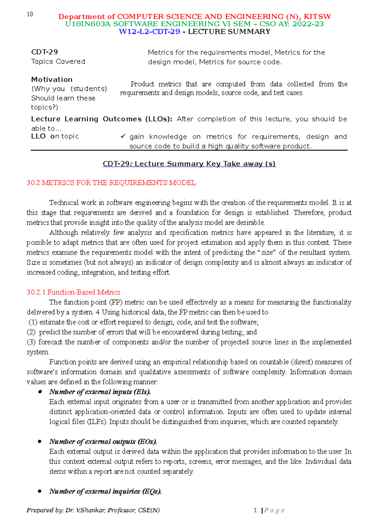 U18IN603A Software Engineering - Metrics for Models & Source Code - Studocu