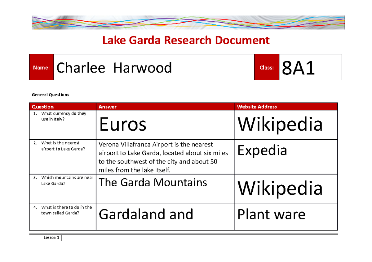 Lake Garda Research Notes for Class 8A Insights & Activities - Studocu