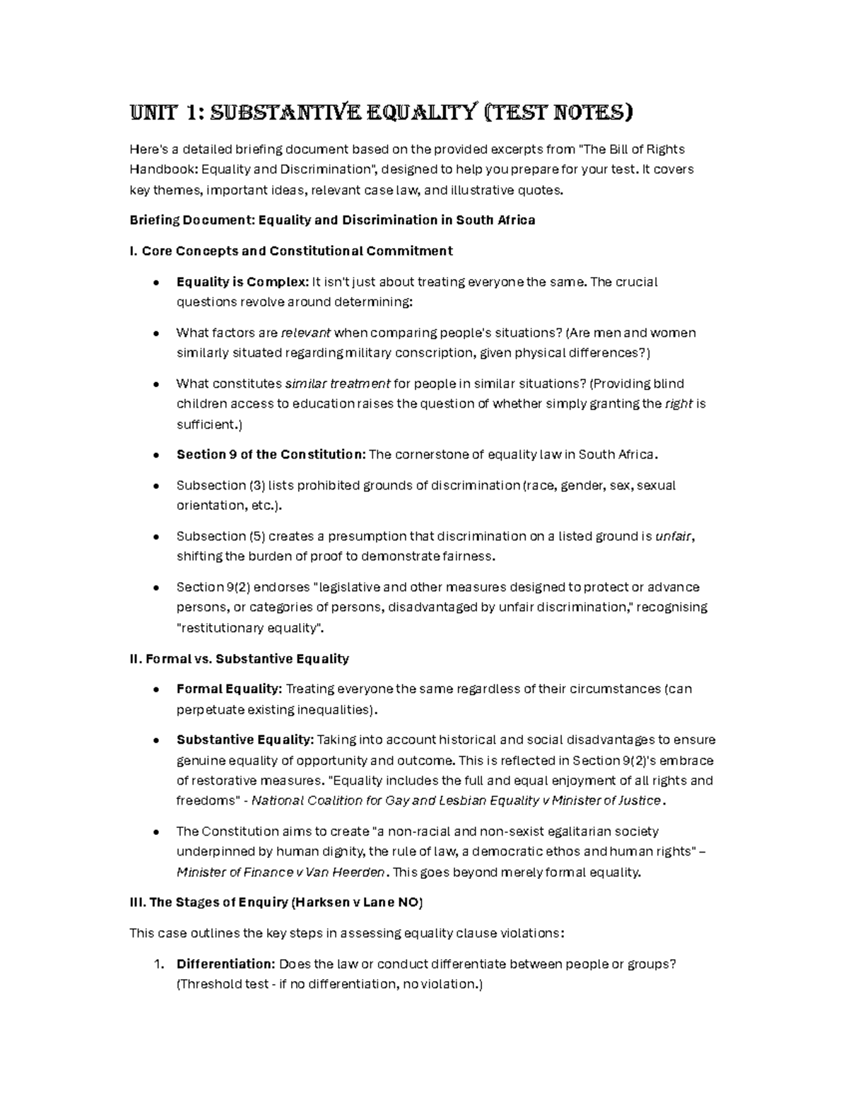 LAHR UNIT 1 notes - UNIT 1: SUBSTANTIVE EQUALITY (TEST NOTES) Here's a ...