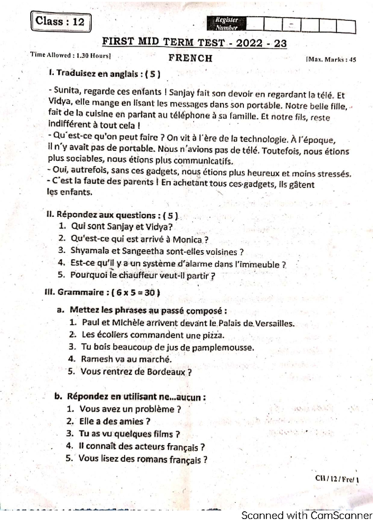 12th French First Midterm Test Questions Paper 2022-23 - Studocu